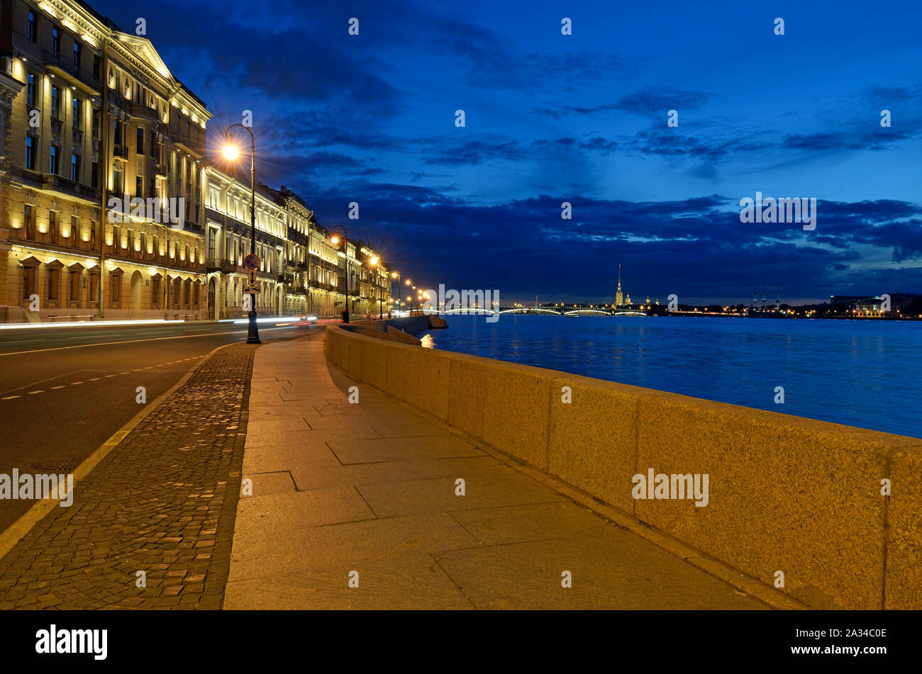 City skyline at night.The promenade illuminated by electric lights from ...