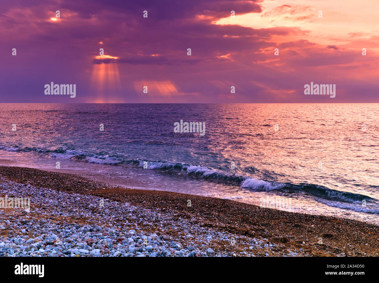 Beautiful dramatic winter sunset on a beach in Peloponnese, Greece. Sun ...