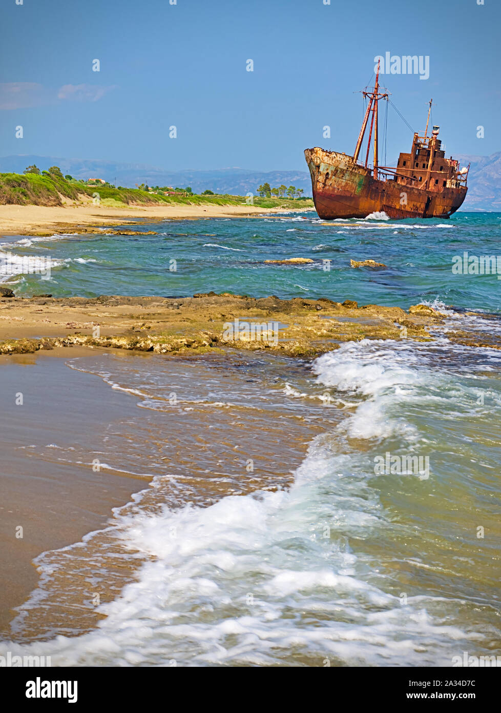 Rusty big ship "Dimitrios" shipwreck on Selinitsa beach under a deep ...