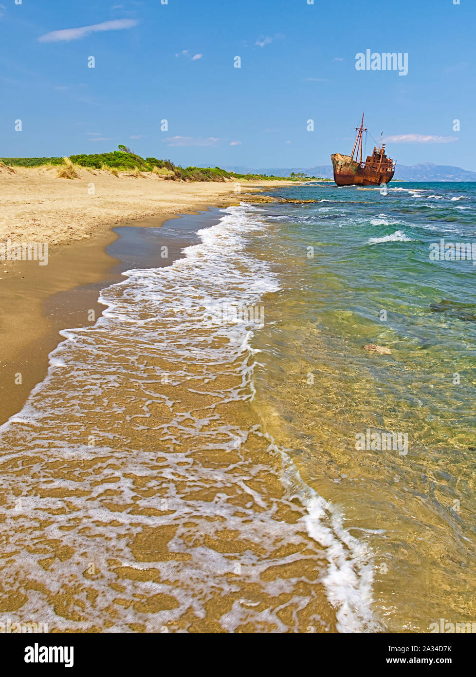 Rusty big ship "Dimitrios" shipwreck on Selinitsa beach under a deep ...