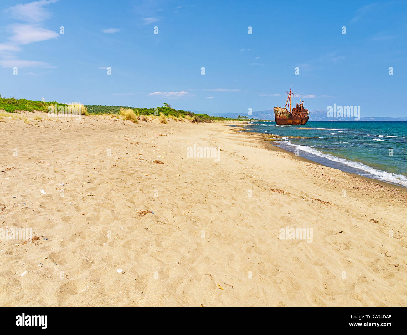 Rusty big ship "Dimitrios" shipwreck on Selinitsa beach under a deep ...