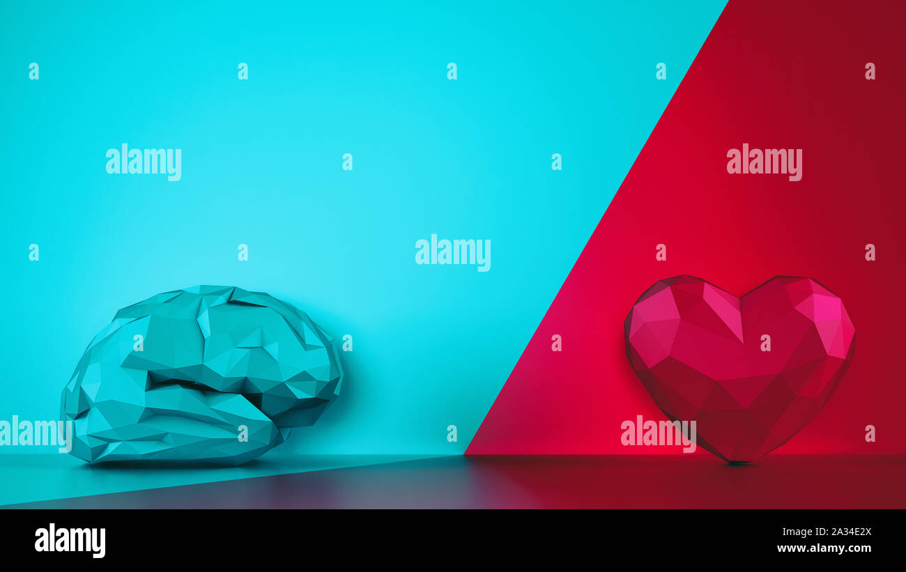 Comparison between reason and feeling. Faceted brain and heart on a two ...