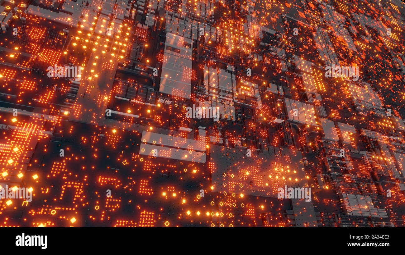 Abstract futuristic design. Tech wall with red bright elements. DOF ...