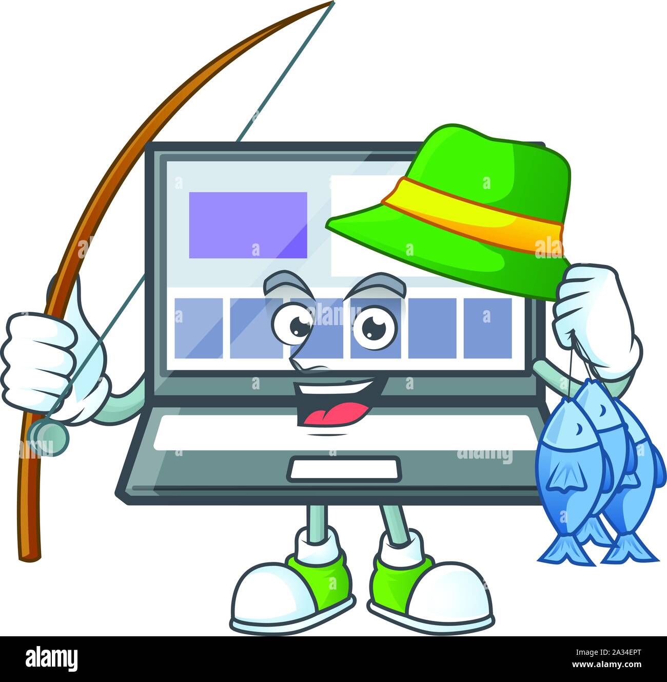 Fishing laptop cartoon mascot on white background Stock Vector Image ...