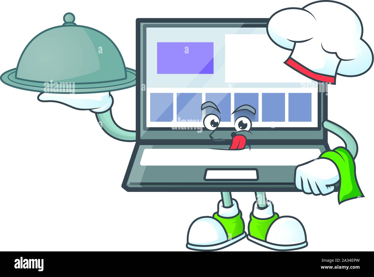 Chef with food laptop cartoon mascot on white background Stock Vector ...