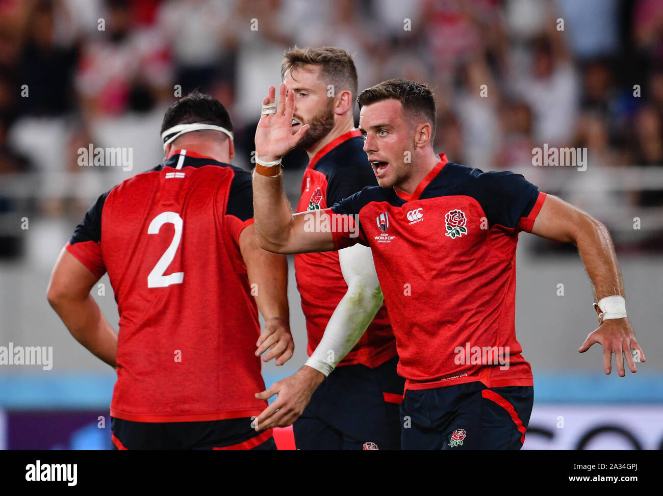 England's George Ford celebrates Elliot Daly's try during the 2019 ...