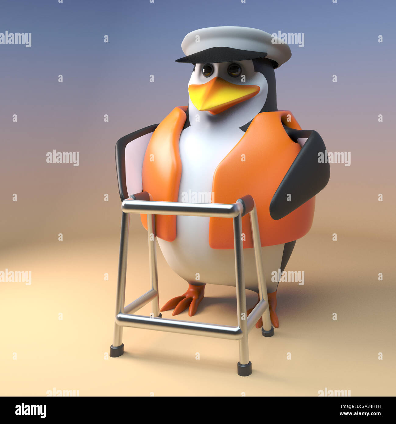 3d cartoon pengun sailor captain walks with a walking frame, 3d ...