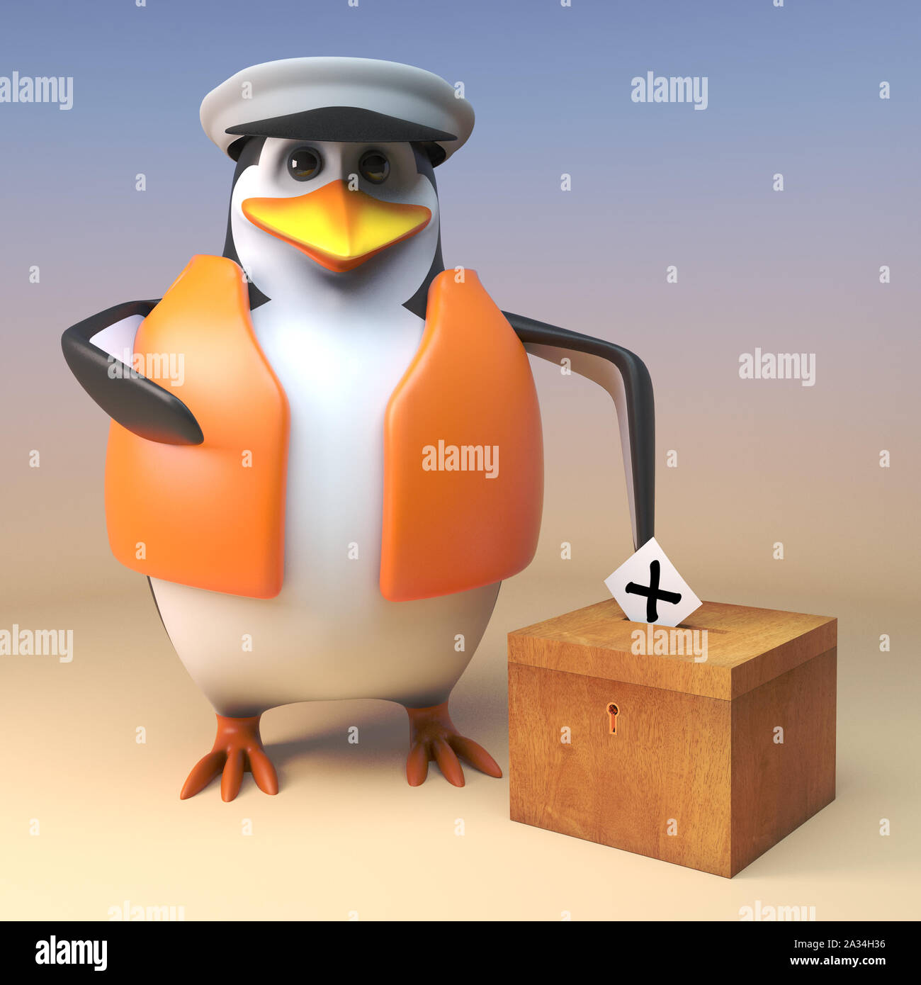3d cartoon penguin sailor captain in lifejacket puts his election vote ...