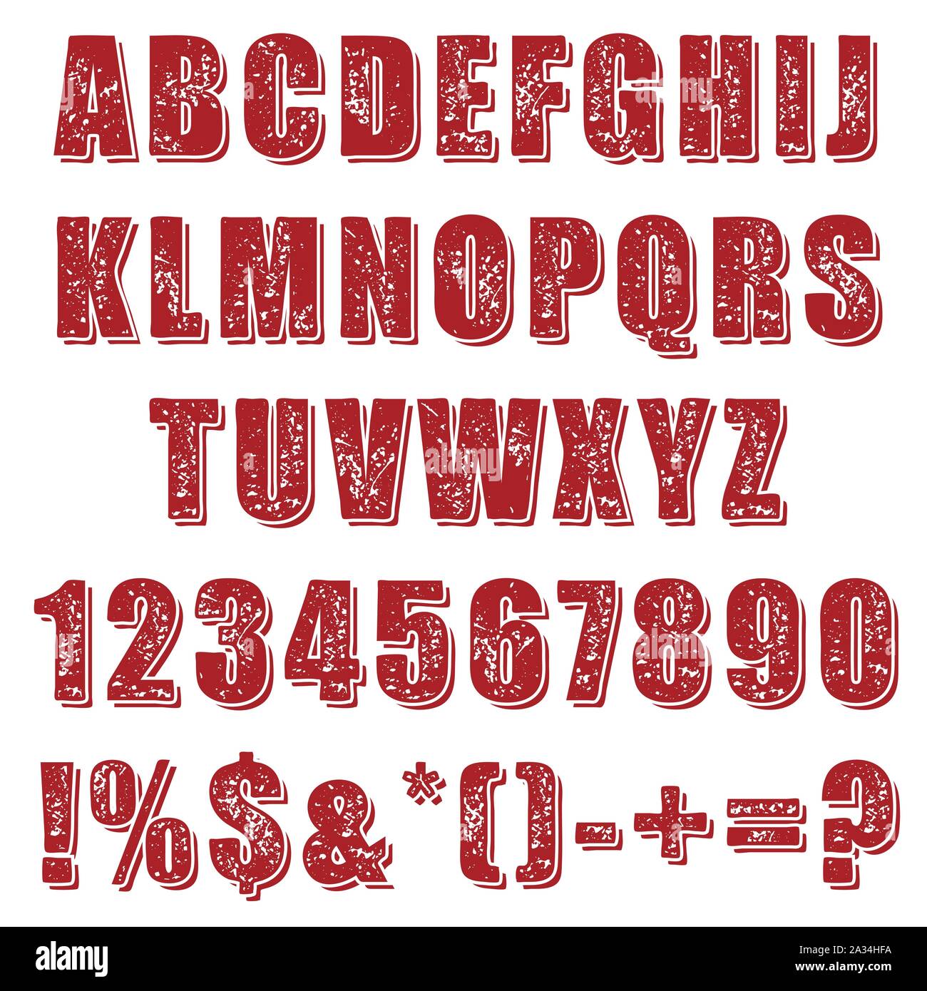 Red grunge custom made English alphabet symbols isolated on white ...