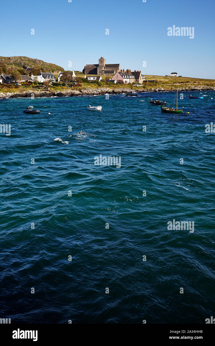 Iona Abbey seen from the ferry, Iona, Inner Hebrides, Scotland, UK ...