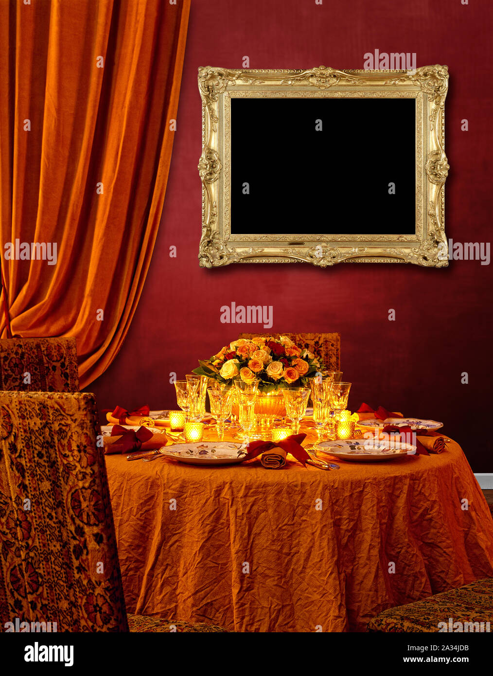 Luxurious festing table against Red textured wall and golden wooden ...