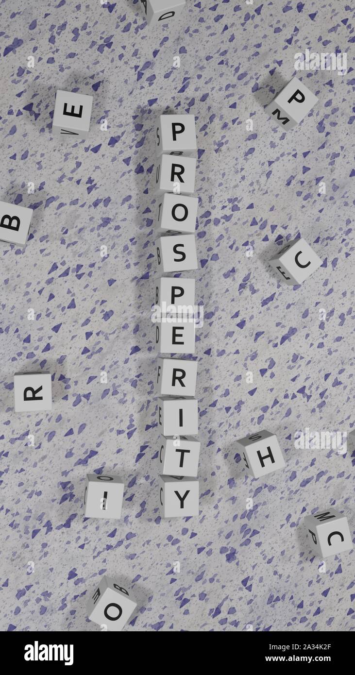 'Prosperity' spelled with white cubes with black letters on a white and ...
