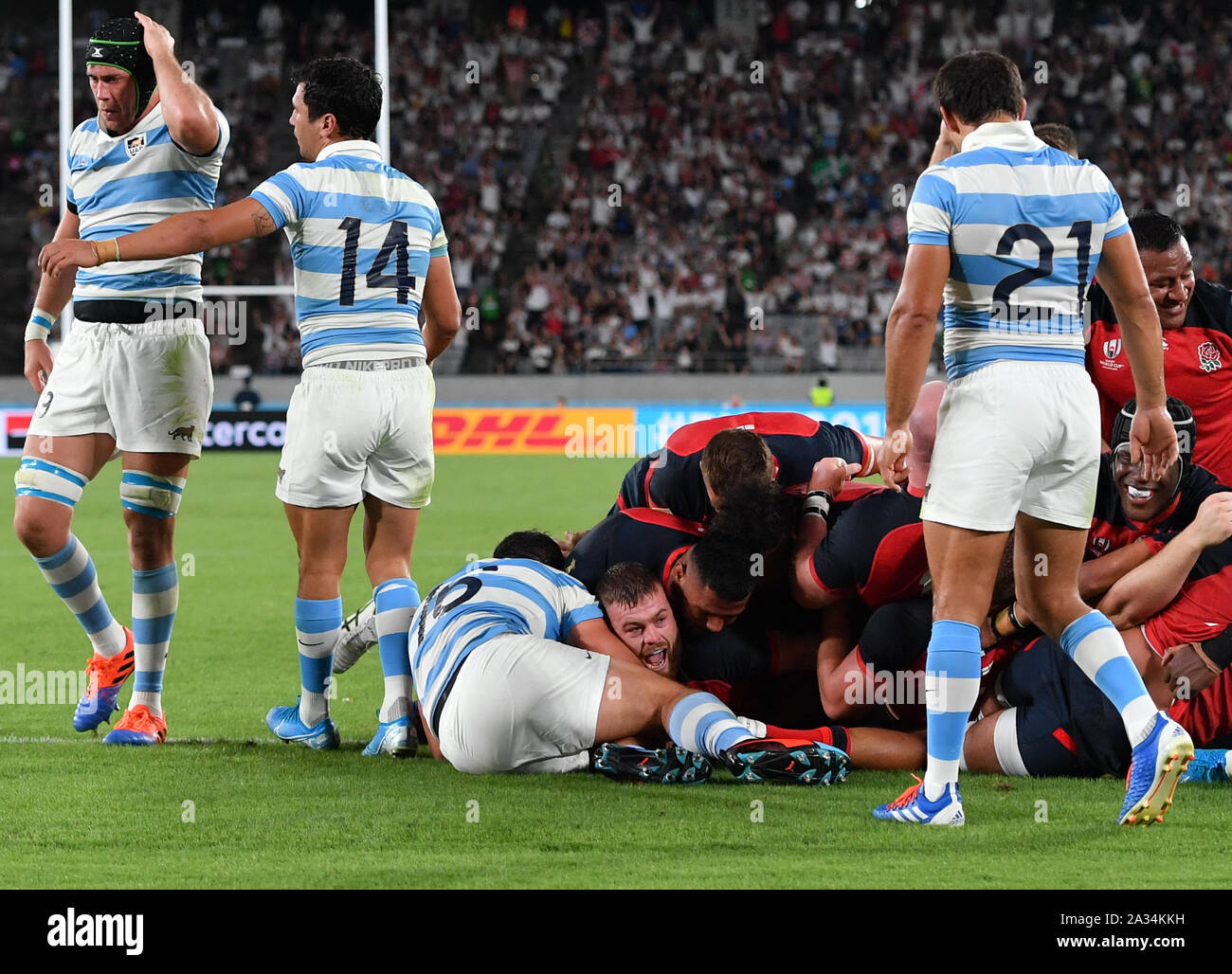 England's Luke Cowan-Dickie scores his sides sixth try during the 2019 ...