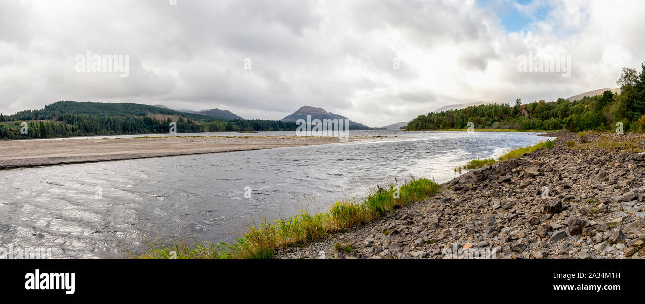 A panoramic view of River Pattack flowing to the head of Loch Laggan ...
