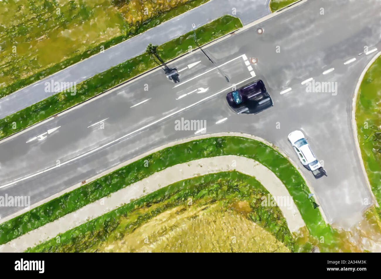 watercolor illustration: Junction of a road into a large road marked ...