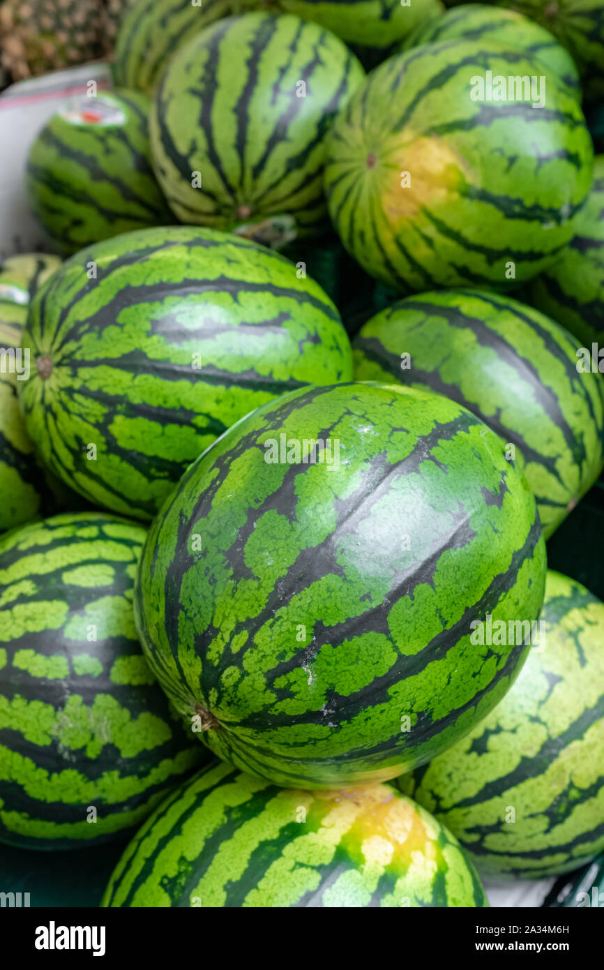 Many big sweet green watermelons close-up Stock Photo - Alamy