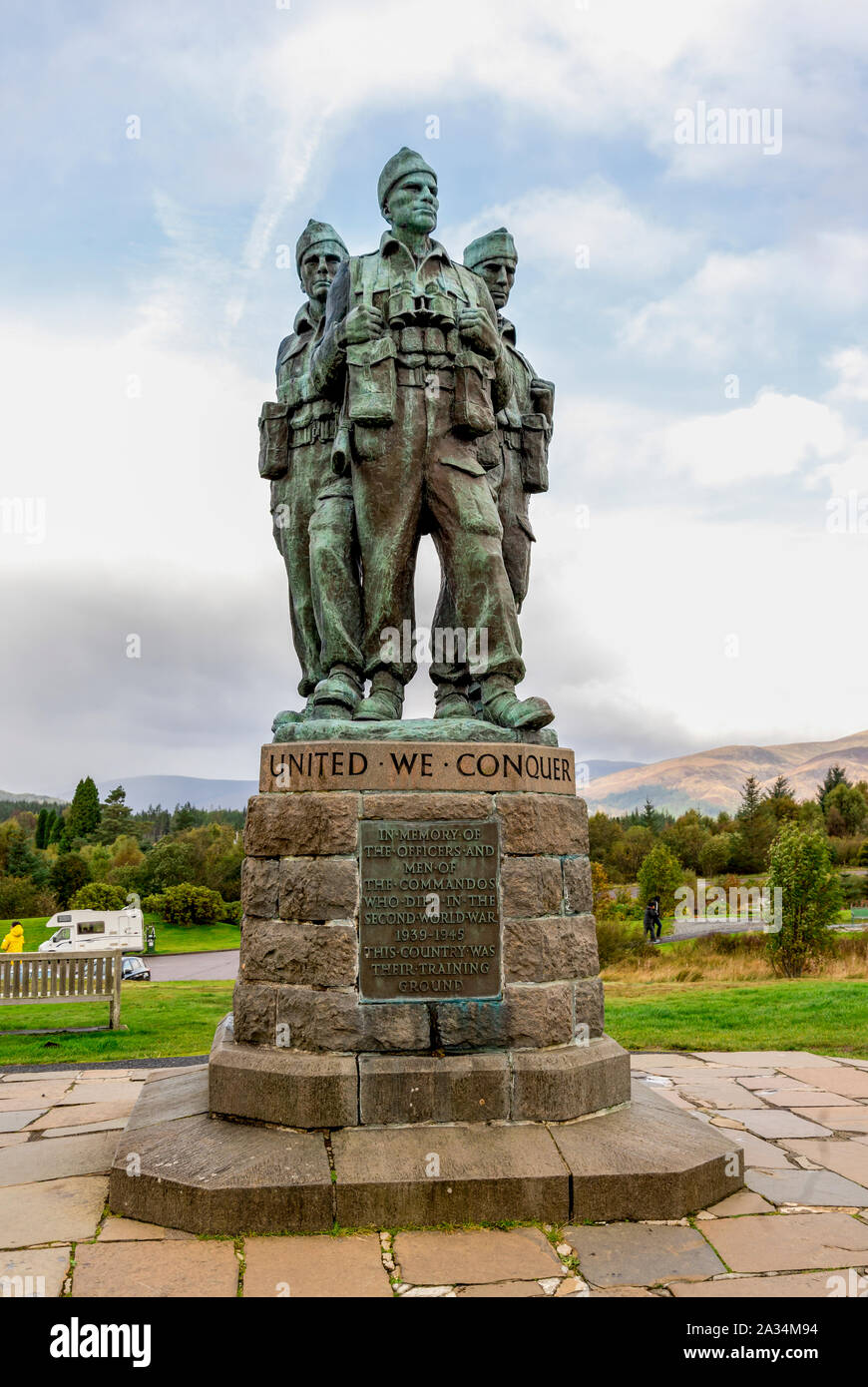 Three british commandos of the Commando Memorial looking towards Ben ...