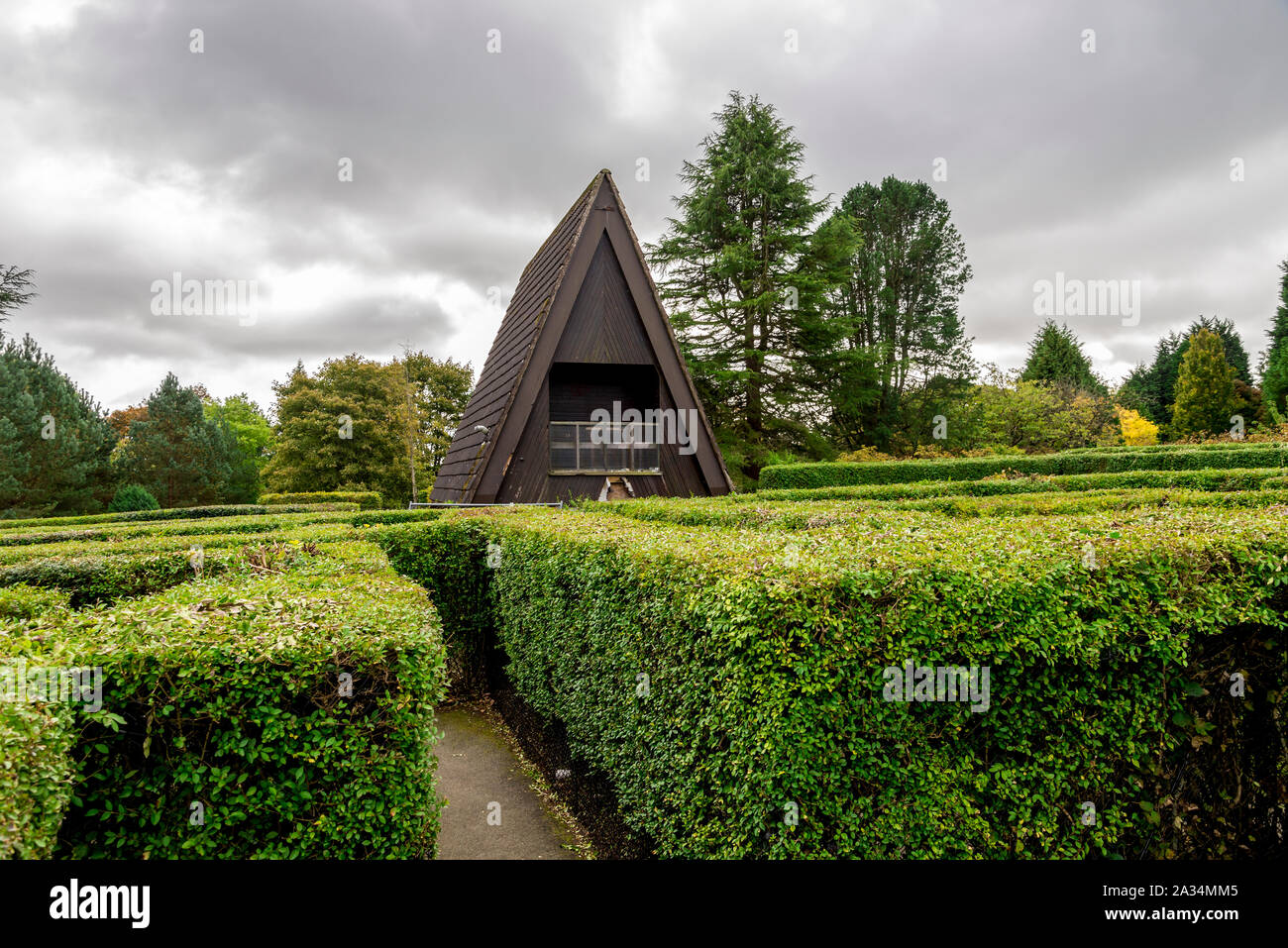 A view from Hazlehead Maze with planted bush hedges to the pyramid ...