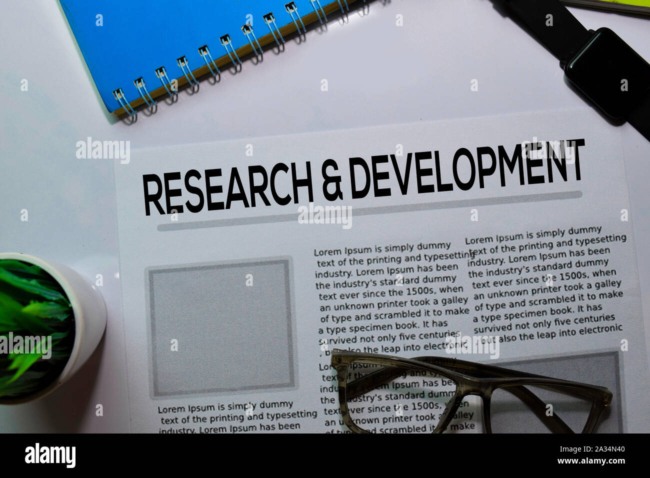 Research and Development text in headline isolated on white background ...