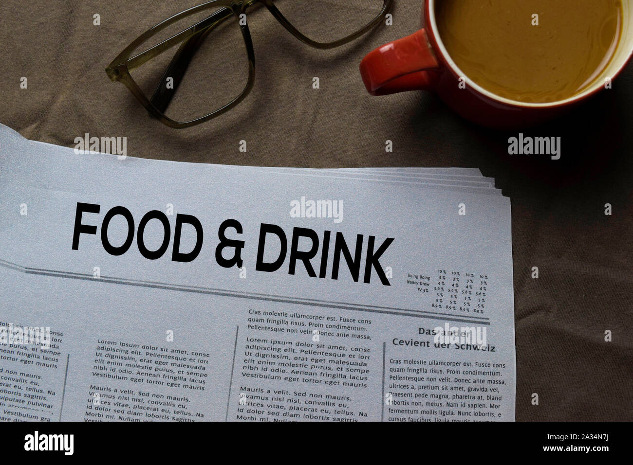 Food and Drink text in headline isolated on brown background. Newspaper ...