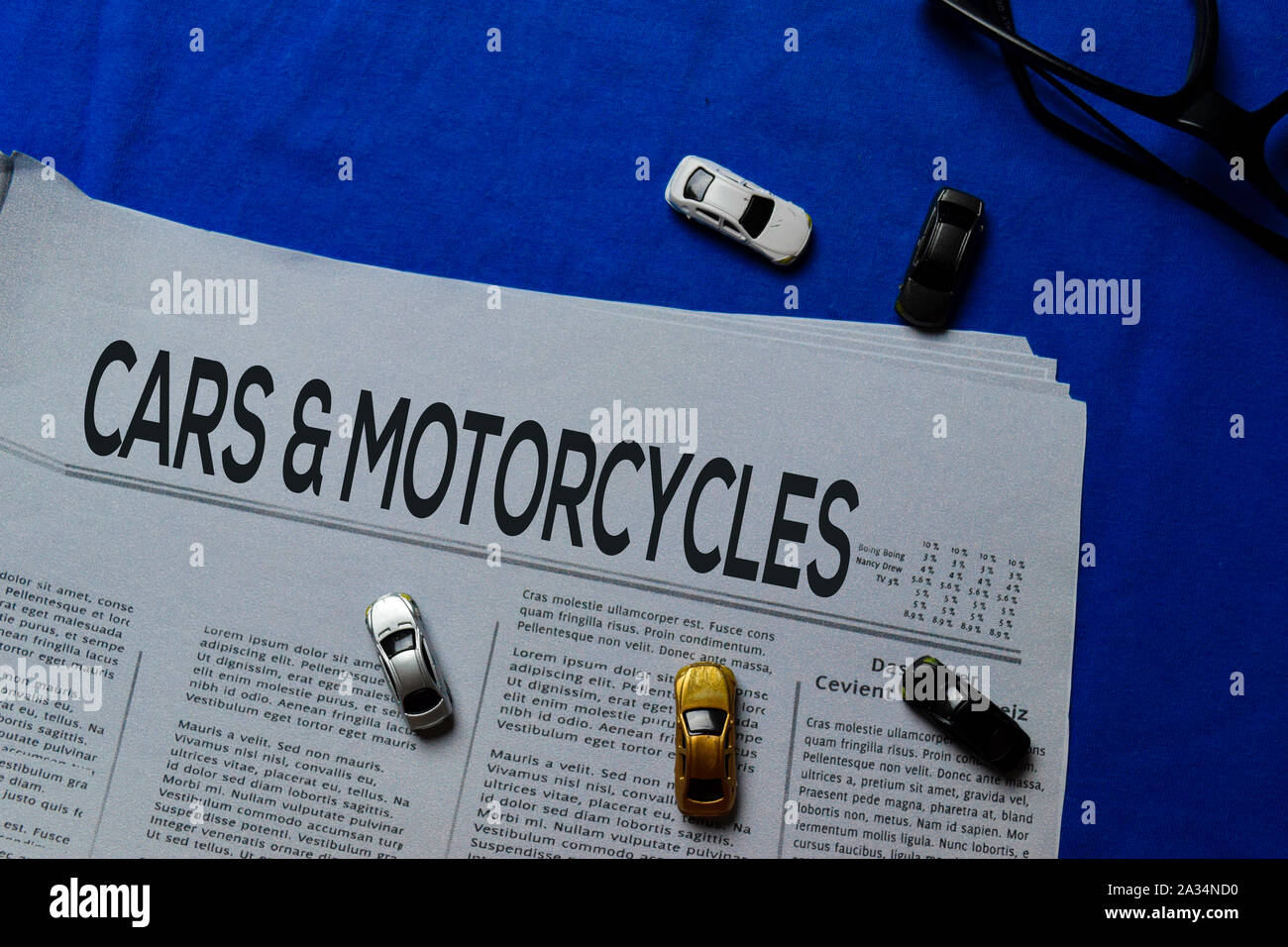 Cars and Motorcycles text in headline isolated on blue background ...