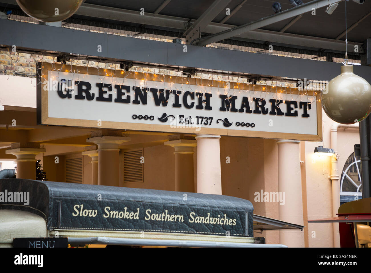 Sign for Greenwich Market / Greenwich Market signage during Christmas ...