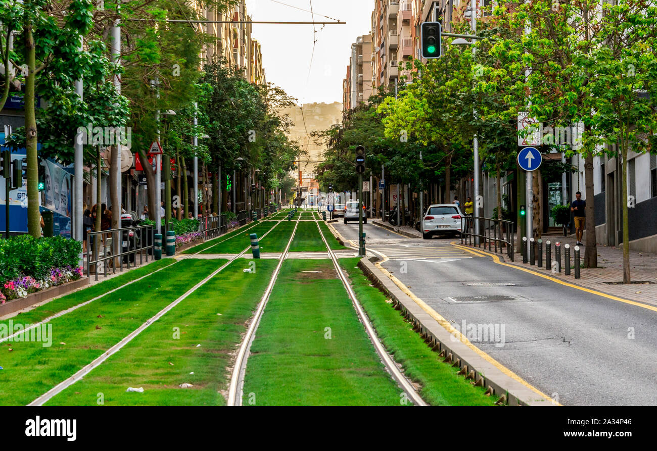 Light rail tracks of Tenerife tram transportation system on one of the ...