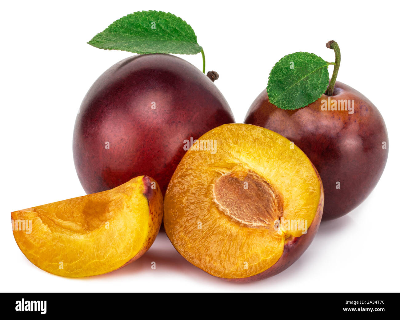 red cherry plum with green leaves isolated on white background Stock ...