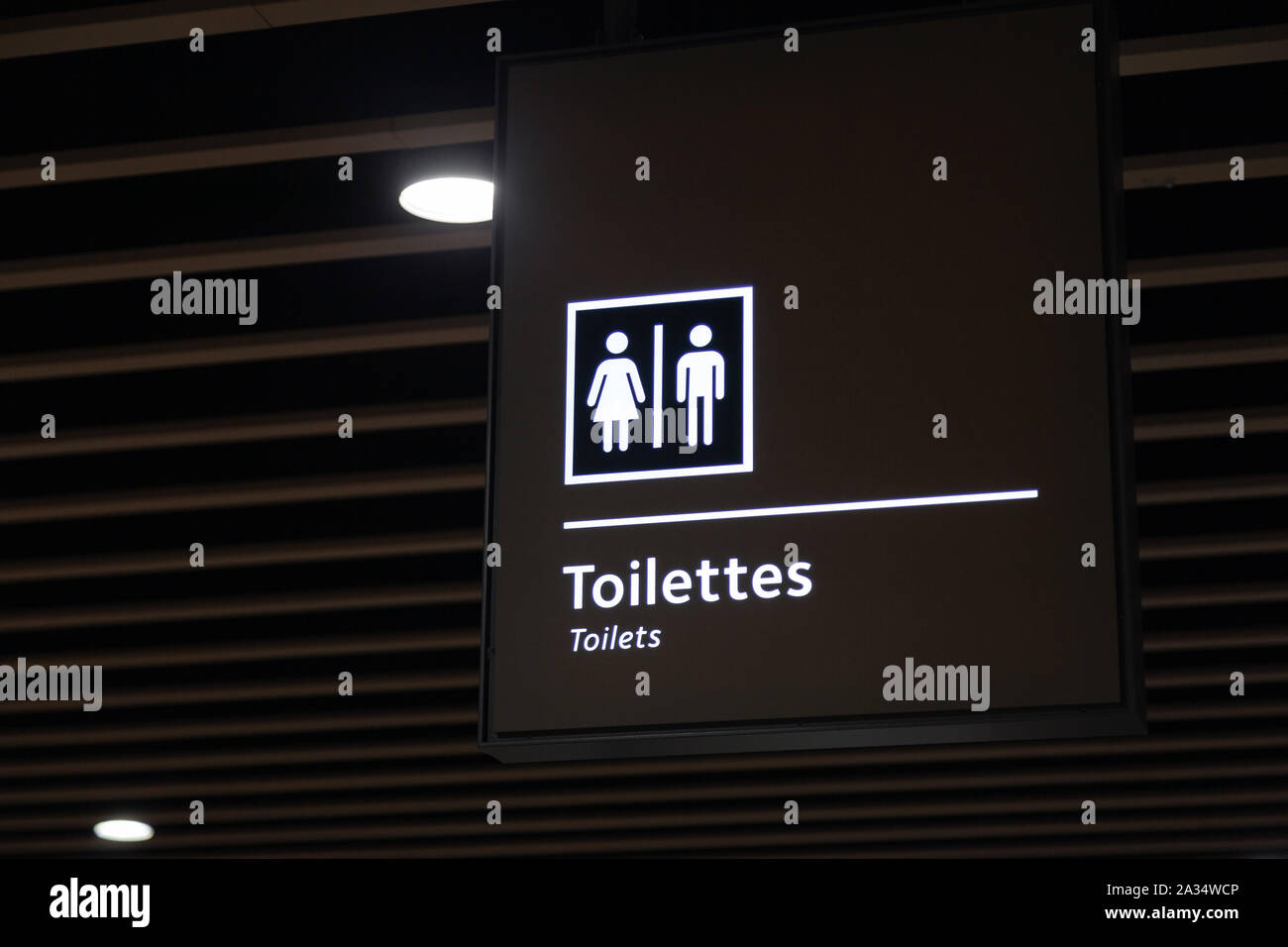 Label of symbol of toilet for men and women on blue plate, direction ...