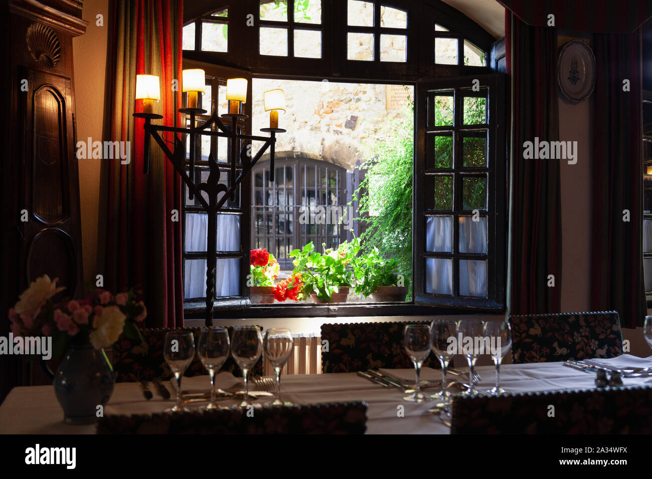 Interior modern restaurant, setting, serving banquet, degustation ...
