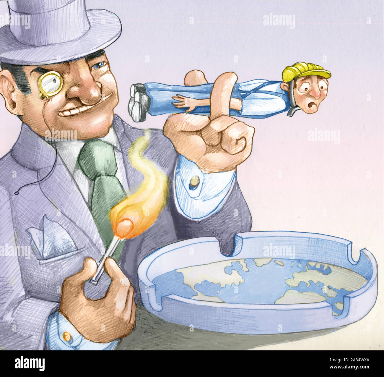 capitalist uses worker as cigar and world as ashtray Stock Photo - Alamy