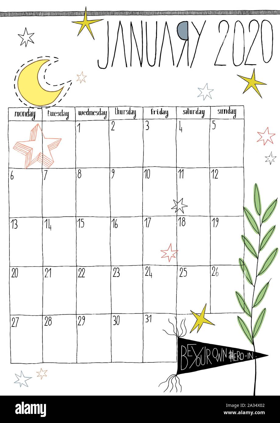 vector illustration of a calendar of january 2020 with whole hand drawn ...