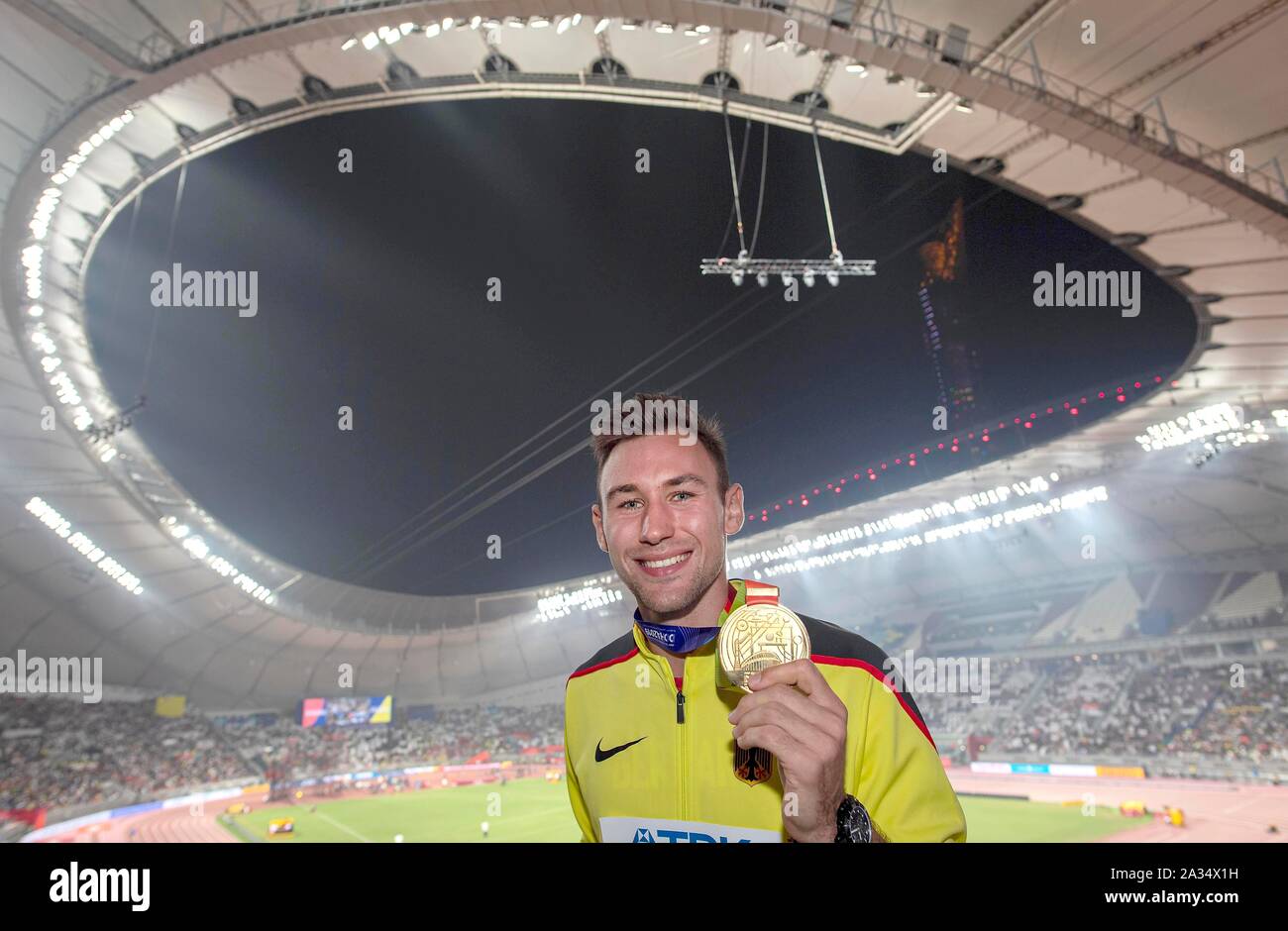 Winner Niklas KAUL (Germany/1st place) shows his gold medal, Gold, at ...