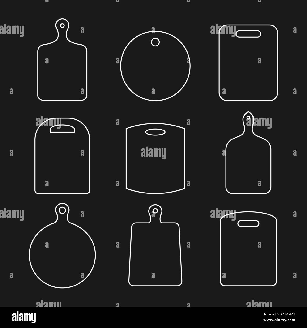 Set of wood cutting board outlines on black background. Empty white ...
