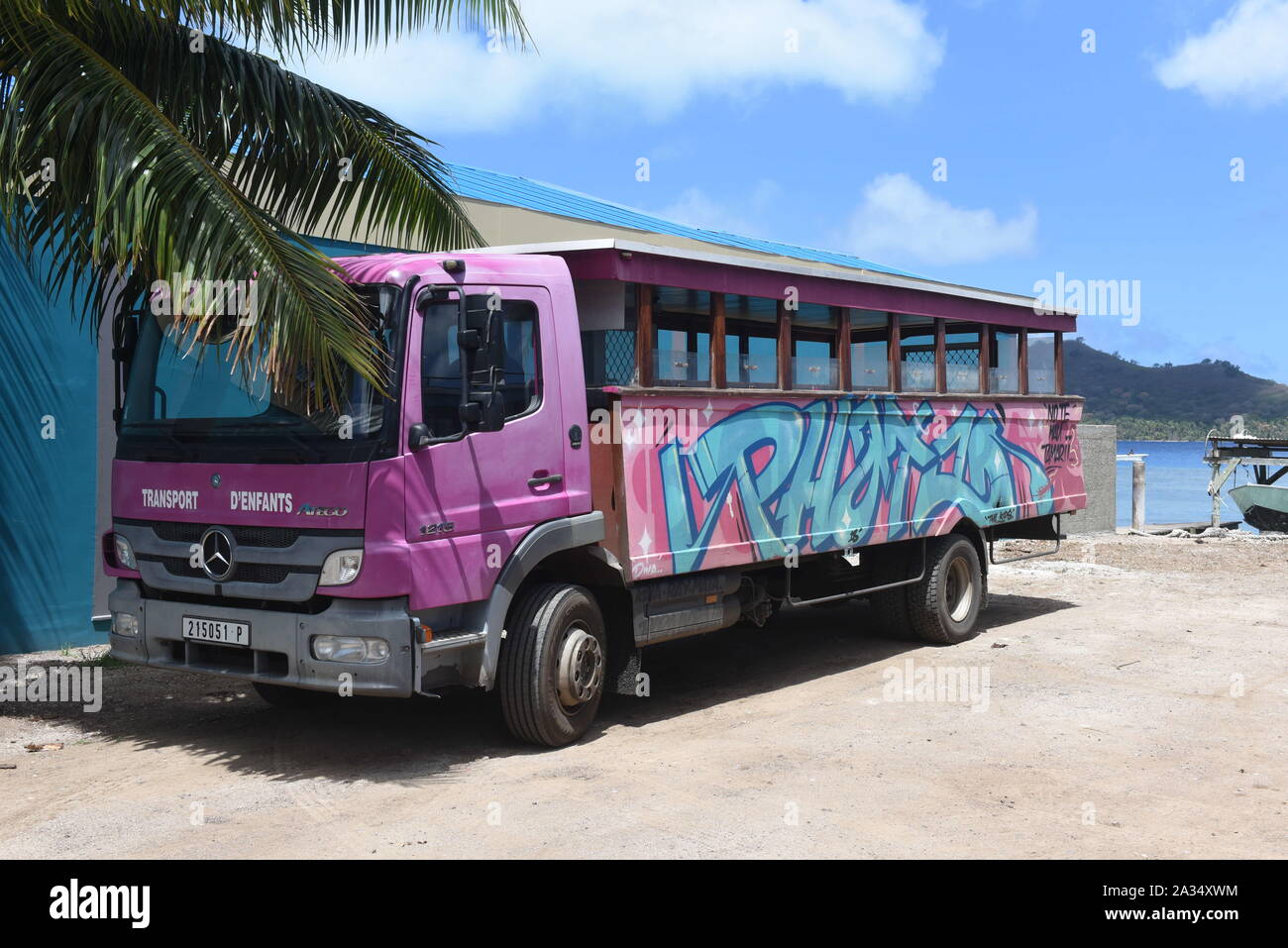 Bora Bora Island, French Polynesia. 26th Sep, 2019. A school bus in the ...