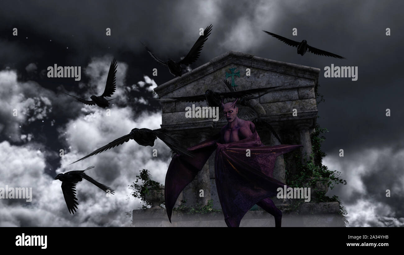 Fallen angel satan in old spooky mausoleum in moonlight - 3d rendering ...