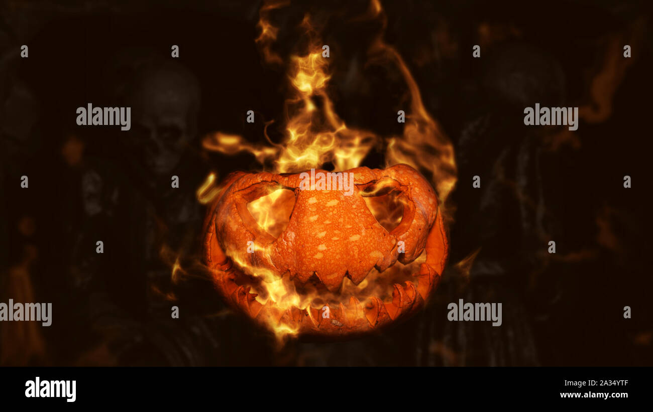 Halloween Pumpkin, Jack O’ Lantern Burning in Flames in a Haunted ...