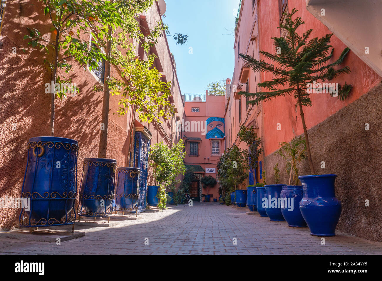 picturesque street in Marrakesh city with plants in blue vases and ...