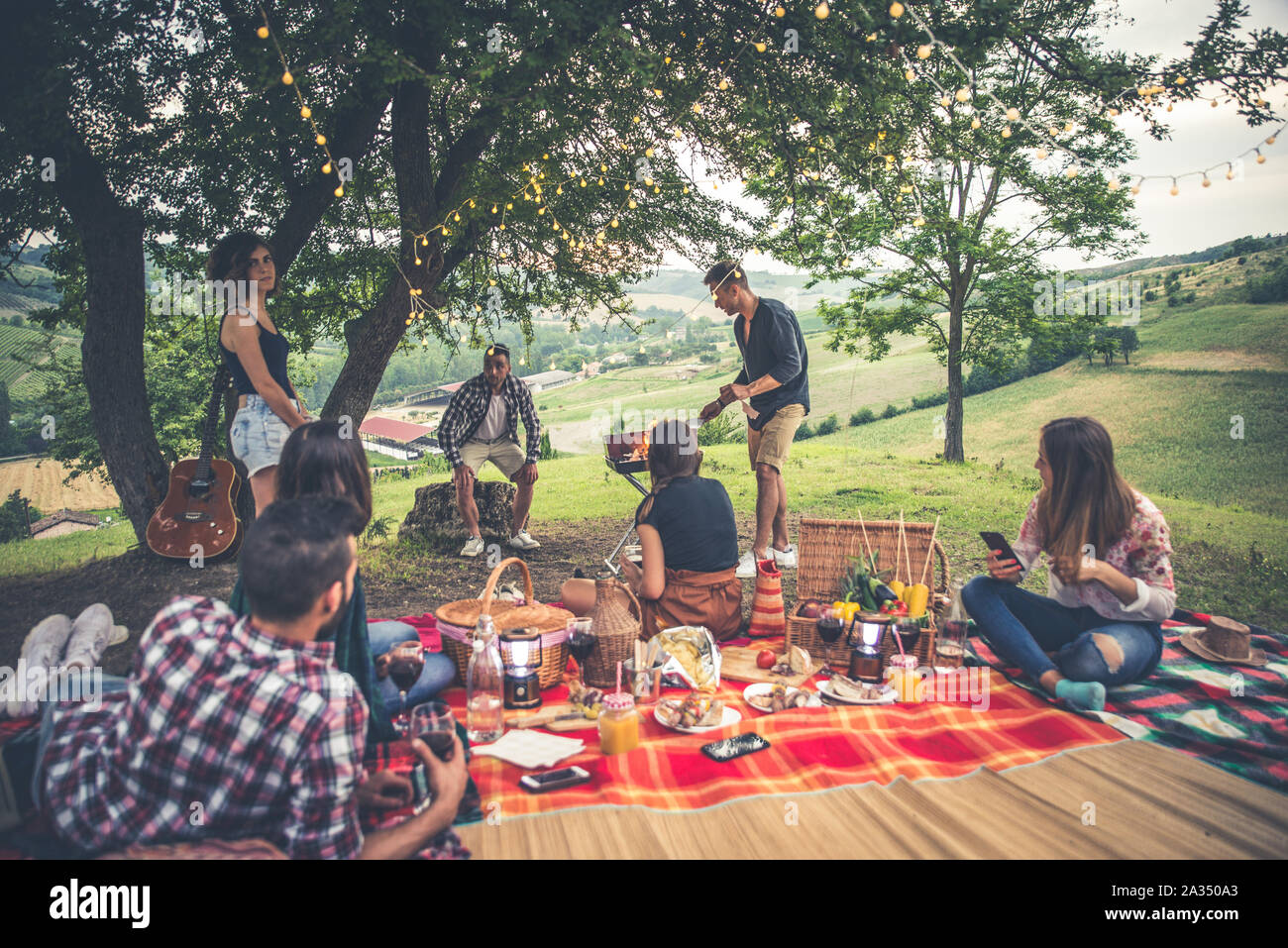 Group of friends spending time making a picnic and a barbeque Stock ...