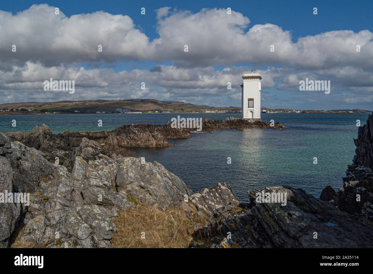 Carraig Fhada or Port Ellen lighthouse, an unusual square design, Port ...