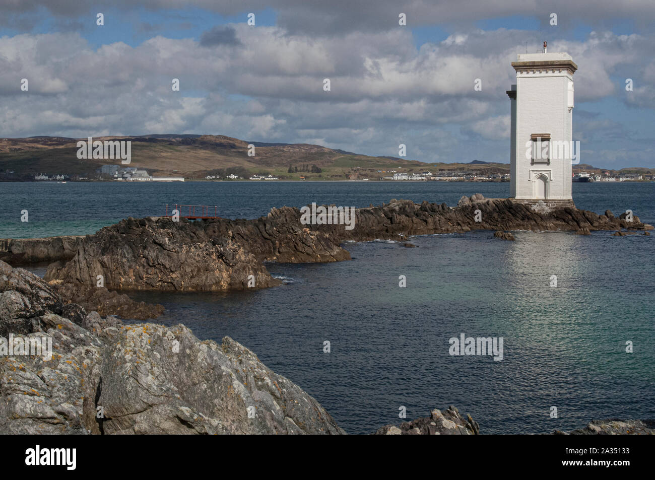 Carraig Fhada or Port Ellen lighthouse, an unusual square design, Port ...