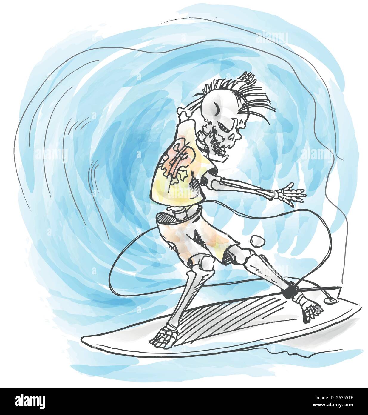 watercolor surfer skeleton hand drawn on wave. illustration Stock ...