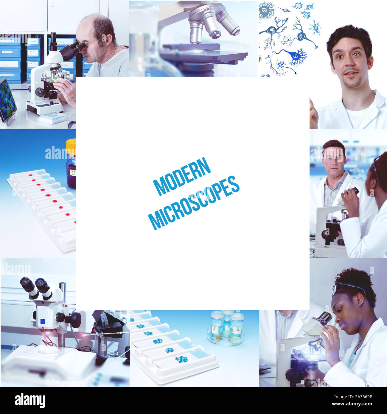 Microscopes in the modern research laboratory, modern collage with copy ...