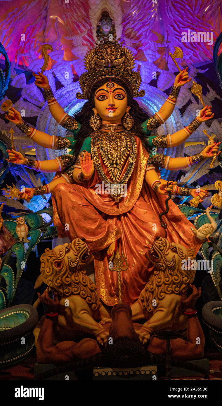 Kolkata, India. 03rd Oct, 2019. Goddess Durga Idol at Rajdanga Naba ...