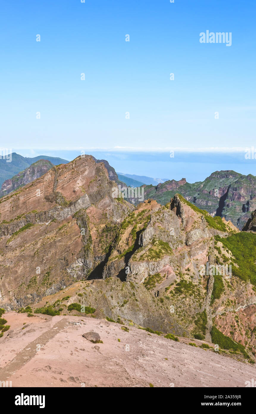 Mountain landscape with the highest mountain of Madeira island Pico ...