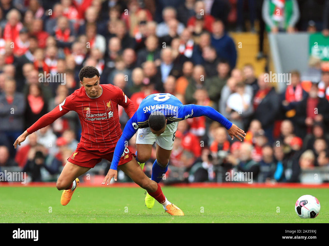 Liverpool's Trent Alexander-Arnold (left) and Leicester City's Youri ...