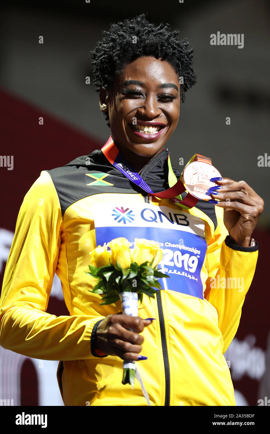 Duoha, Qatar. 5th Oct, 2019. Bronze medalist Rushell Clayton of Jamaica ...