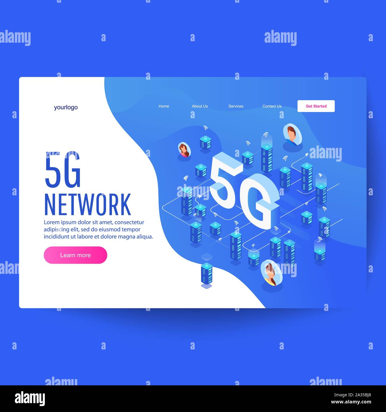 5G network technology, isometric concept of smart city, tall buildings ...