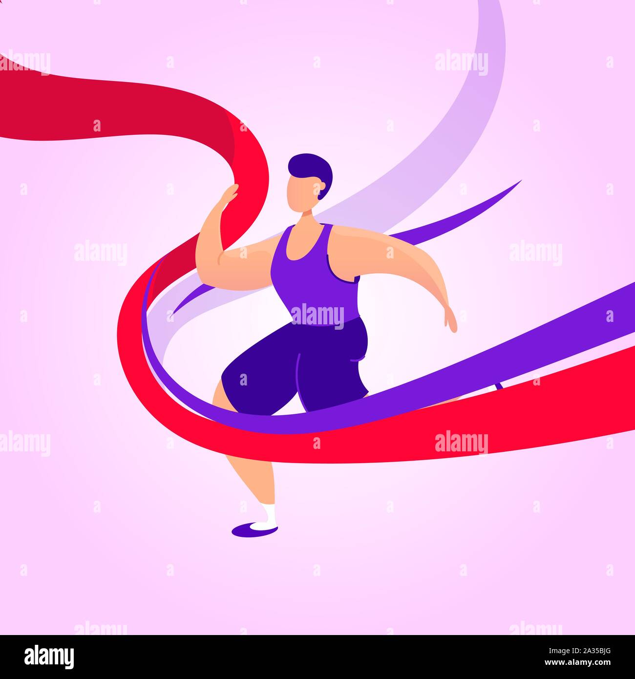 Running man with a red ribbon runs a marathon. Victory at the finish ...