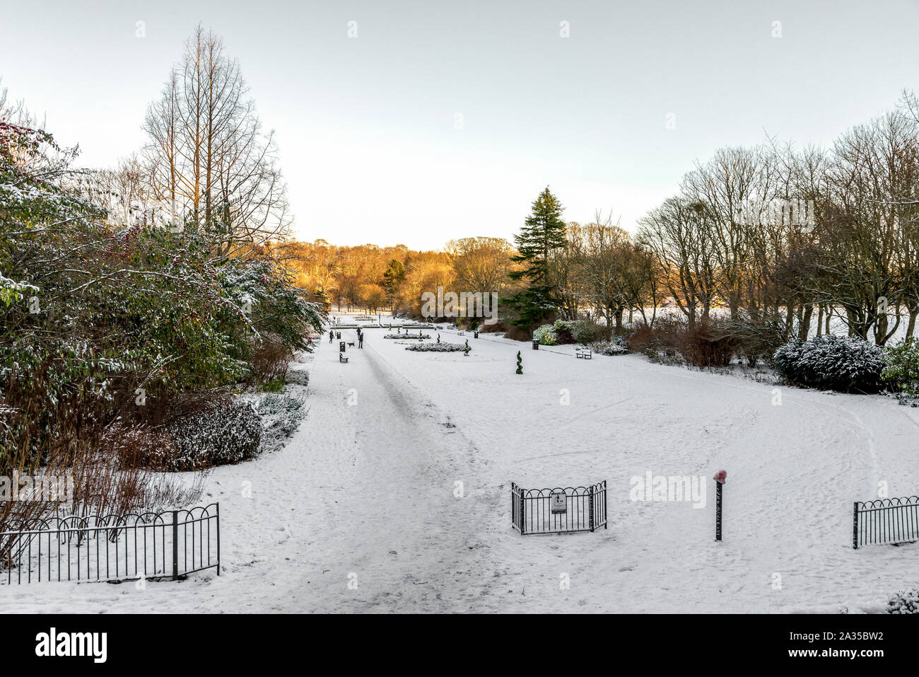 Covered with snow central alley in Seaton Park, Aberdeen, Scotland ...